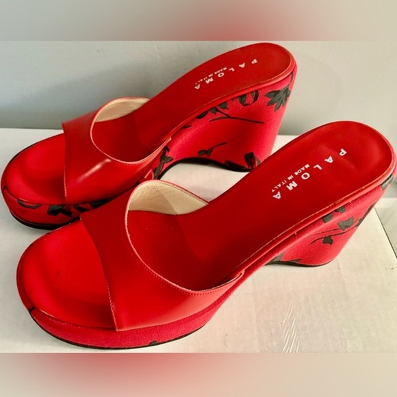 Paloma | Shoes | Paloma Made In Italy Red Leather Black Floral Wedges ...